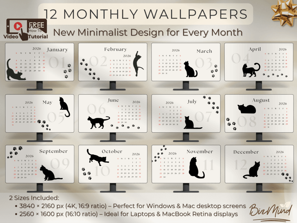 Minimalist Cat Wallpaper 2026 with Calendar + Bonus Color Folders ...